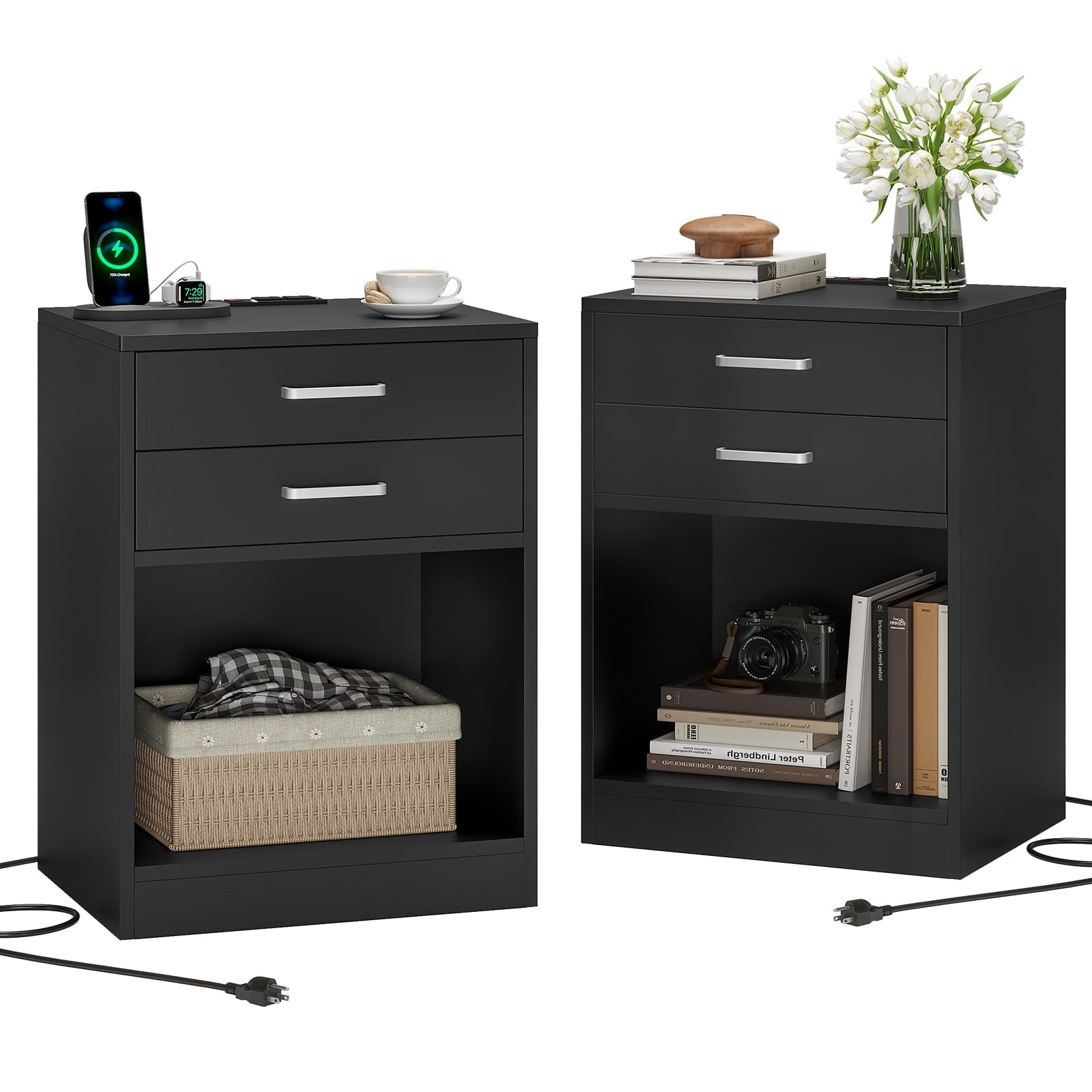 2-Set Nightstand with Charging Station, Drawers & Open Shelf for ...