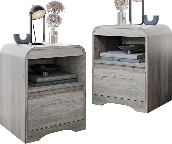 Night Stand Set of 2 Nightstands with Drawer and Open Shelf, Wide Wood ...