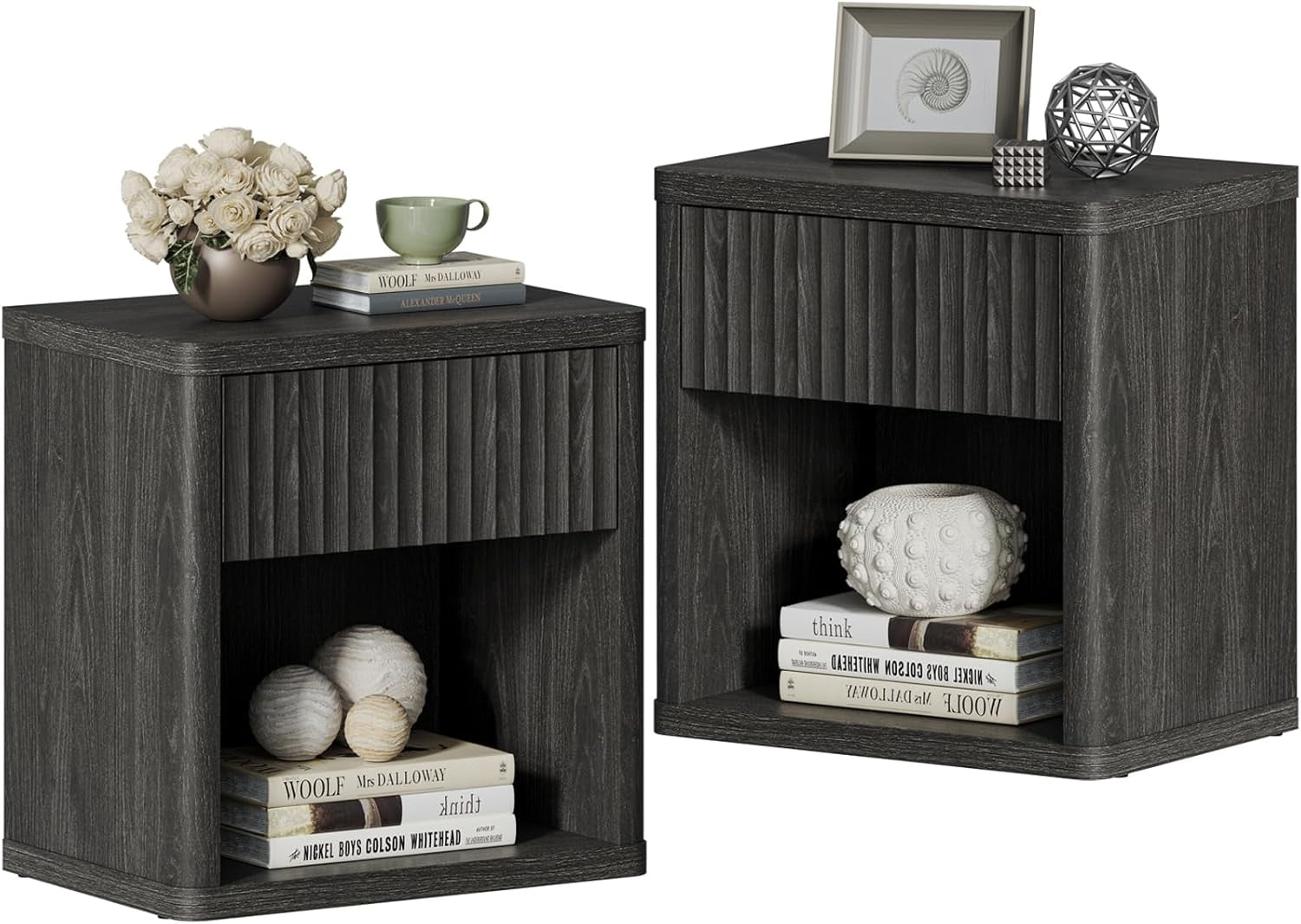 Night Stand Set of 2 Nightstands with Drawer Storage Fluted Bed Side ...