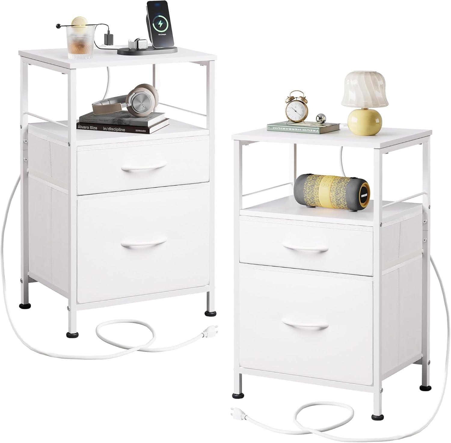 Night Stand Set 2, White Nightstand with Charging Station, Nightstands ...