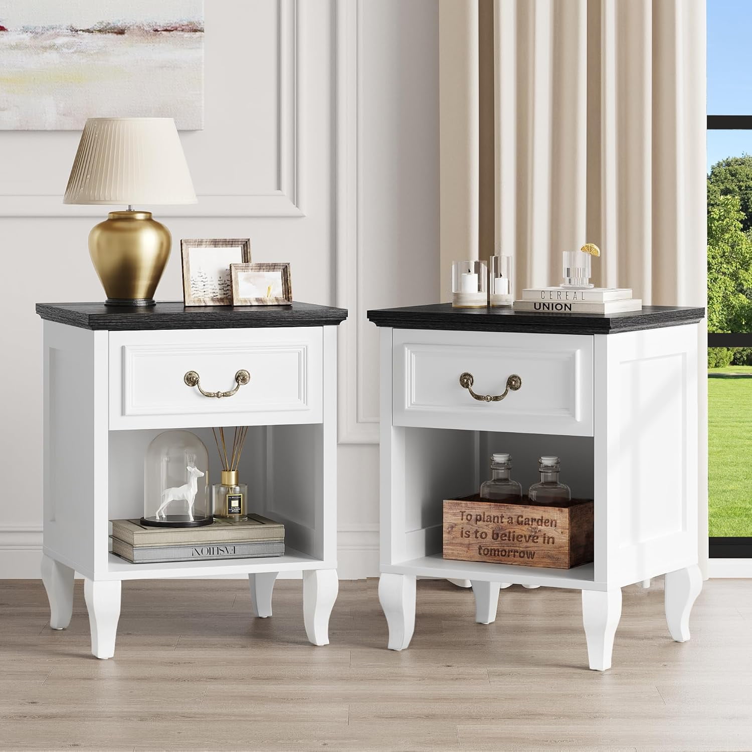 Night Stand Set of 2, White Wood Nightstand with Drawer and Open Cubby ...