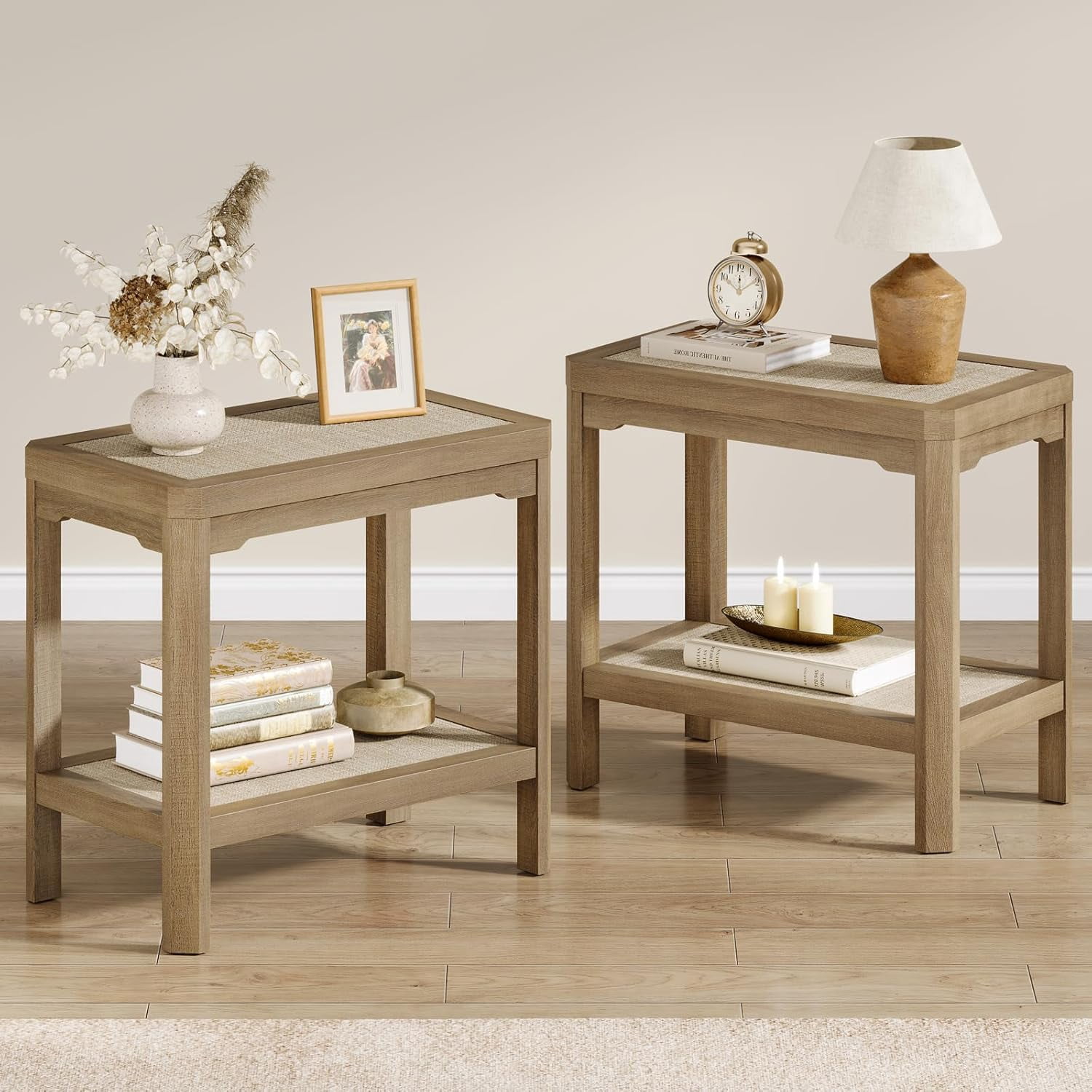 Night Stand Set of Farmhouse End Table with Boho Rattan Shelves Side ...