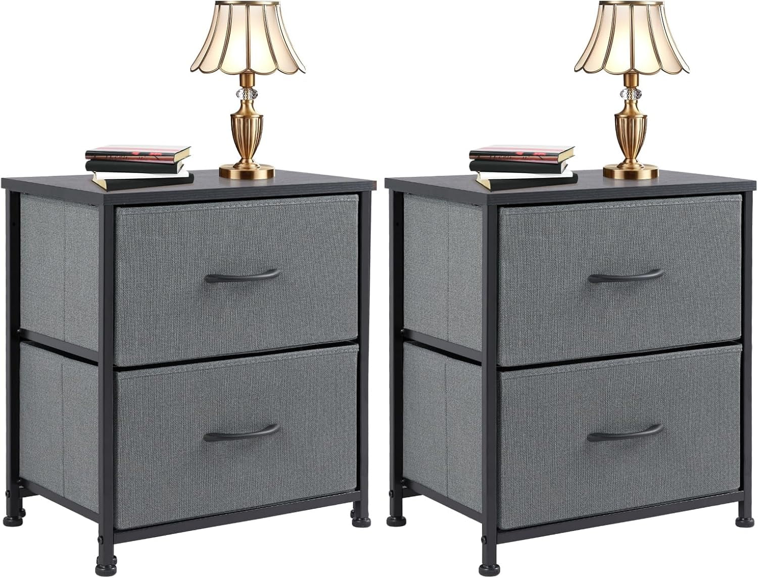 Night Stand Set of 2,2 Drawer Nightstand with Metal Frame and Wood Top ...