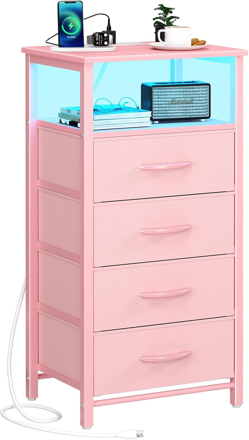 Night Stand - Small Dresser for Bedroom, LED Nightstand with Charging ...