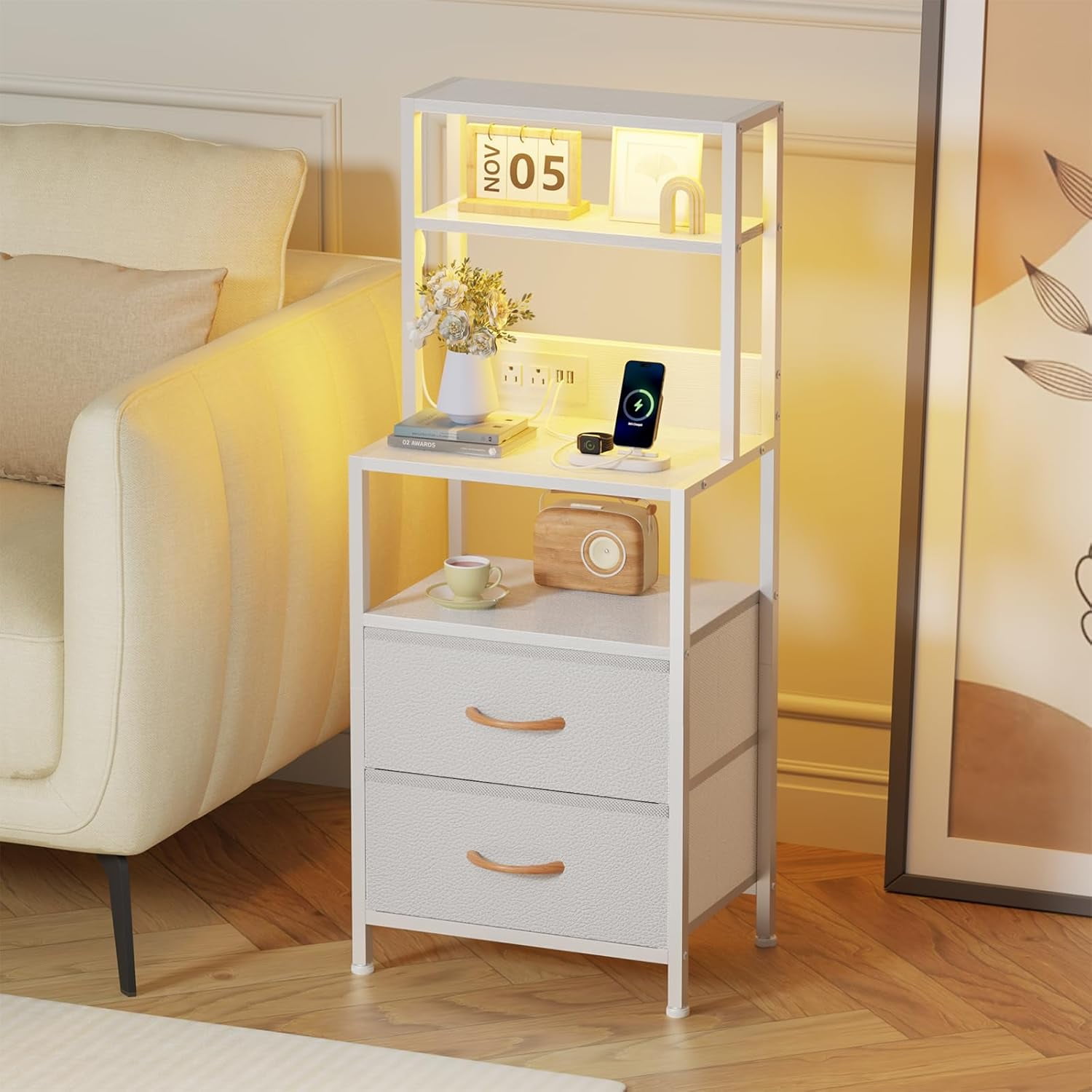 Night Stand, Tall Nightstand with 4-Tier Shelves, 2 PU Fabric Drawers ...