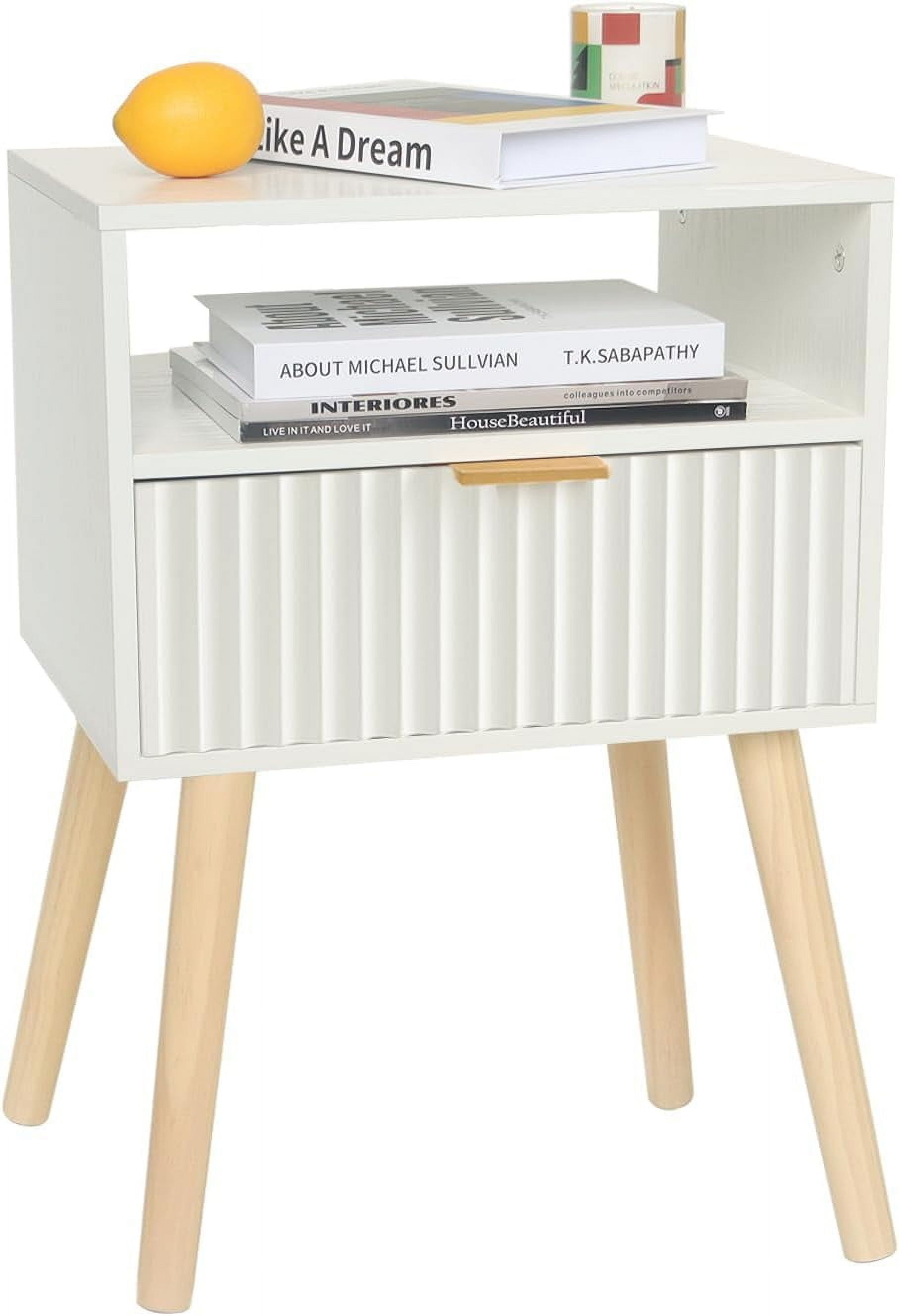 Night Stand, White Bedside Table with Drawers and Open Shelf, Fluted ...