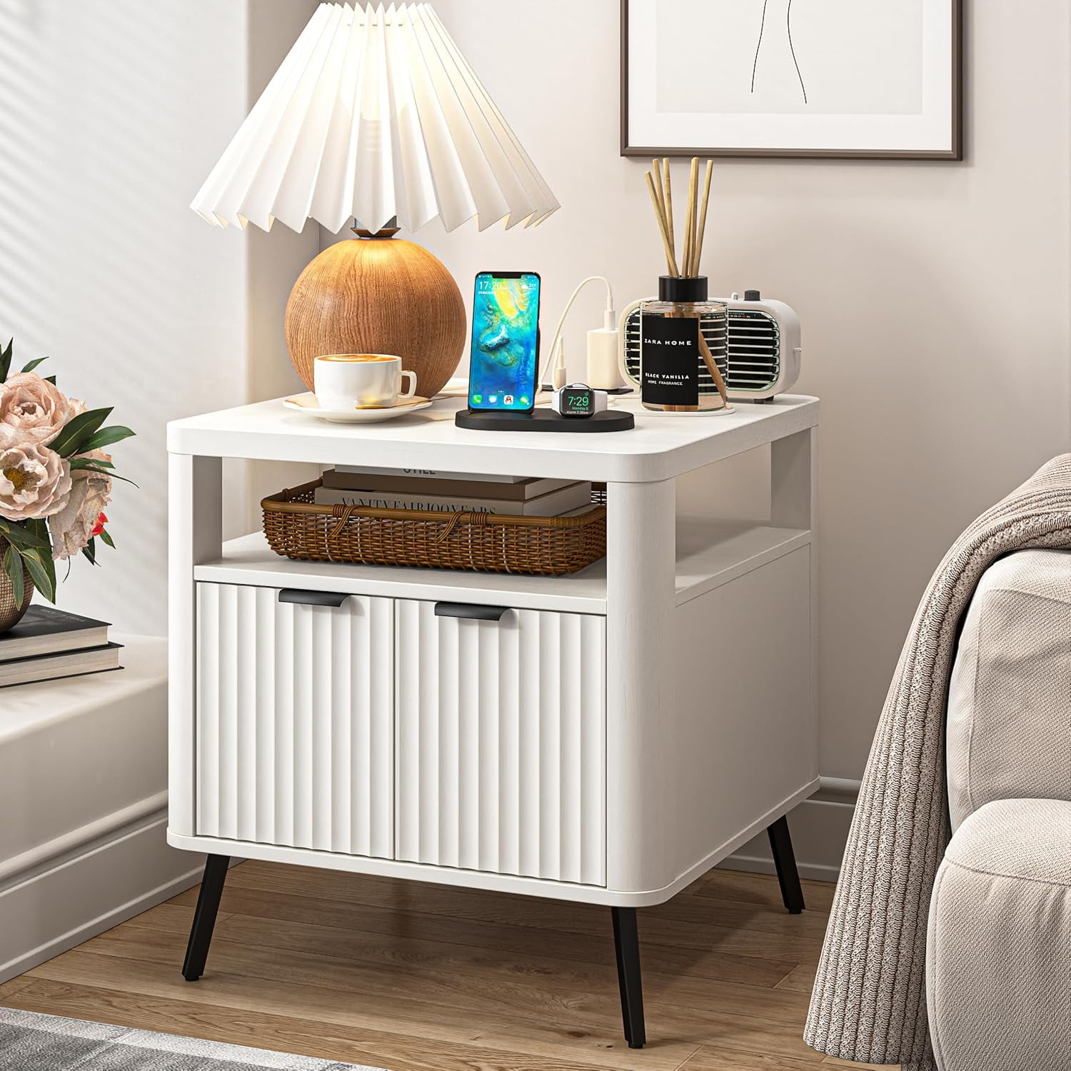 Night Stand, White Nightstand with Charging Station, 24" End Table Side ...