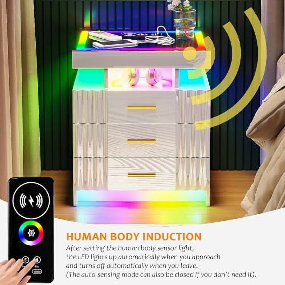 Night Stand with Wireless Charging Station,RGB LED Nightstand with ...