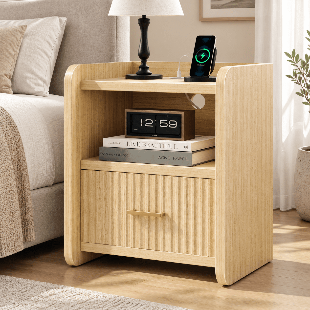 Night Stand With Station - Modern Wood Nightstand Drawer Stor Fluted ...