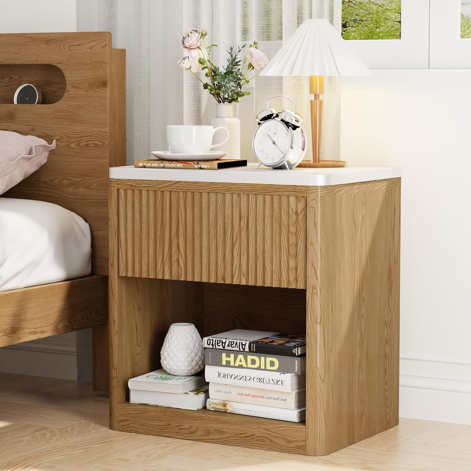 Night Stand Wood Fluted Nightstand 22" Large Bedside End with Faux ...