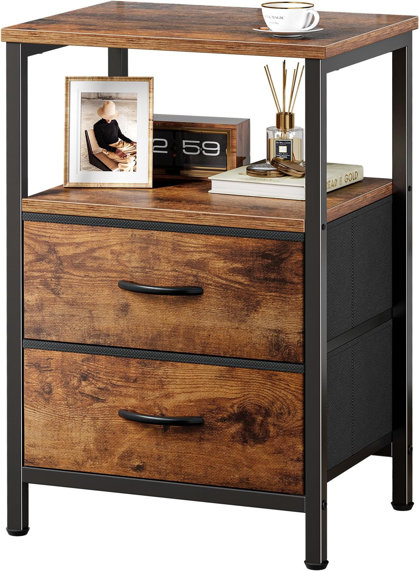 Night Stand with 2 Drawers, Bed Side Table with Open Shelf, Wooden ...