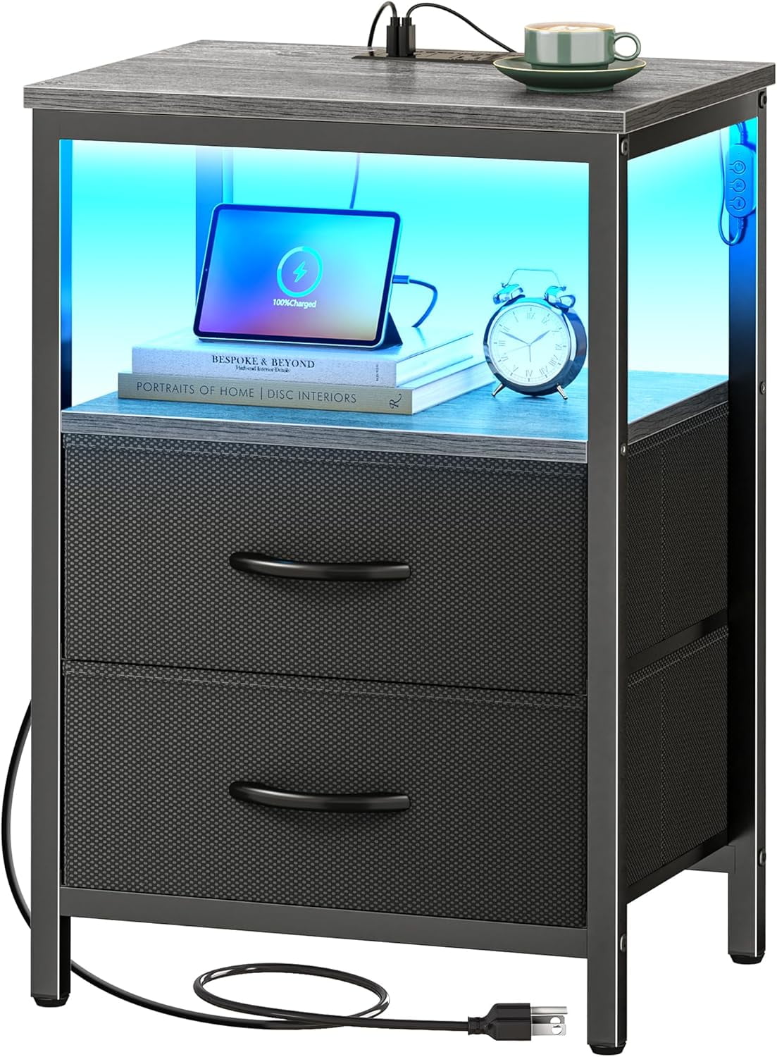 Night Stand with Charger Station and LED Lights, 2 Drawer Nightstand ...