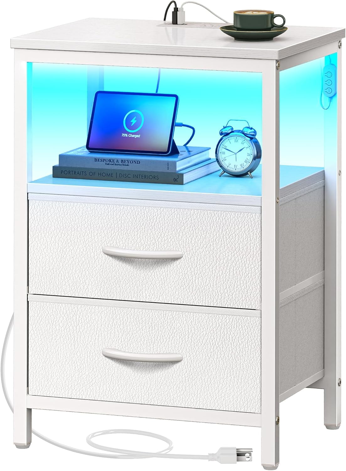 Night Stand with Charger Station and LED Lights, 2 Drawer Nightstand ...