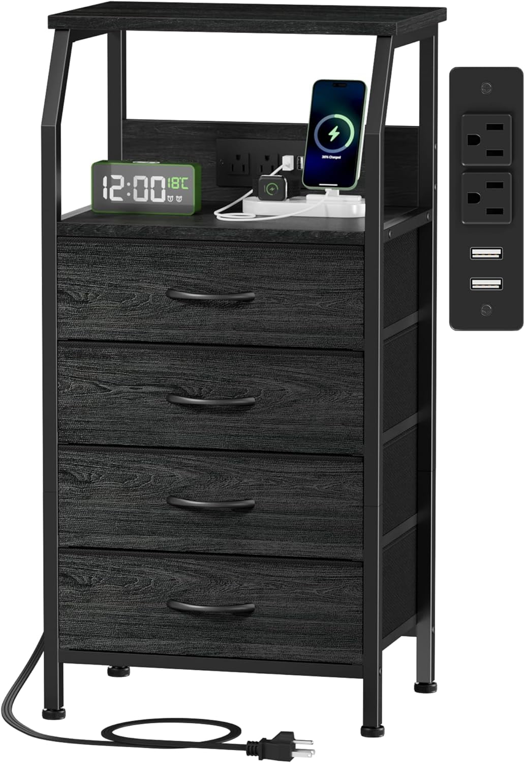 Night Stand with Charging Station, 4 Drawer Dresser with Storage Shelf ...