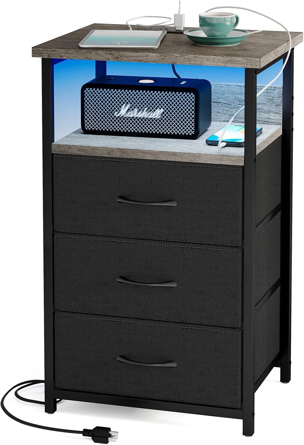 Night Stand with Charging Station, LED Nightstand with Fabric Drawers ...