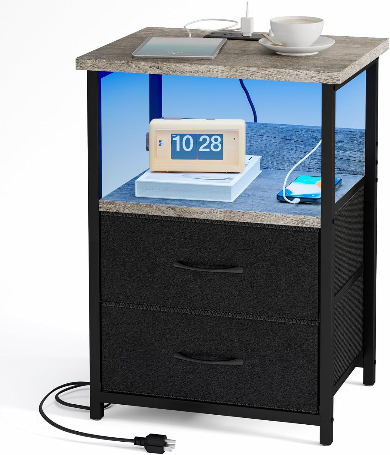 Night Stand with Charging Station, LED Nightstand with U-S-B Ports and ...