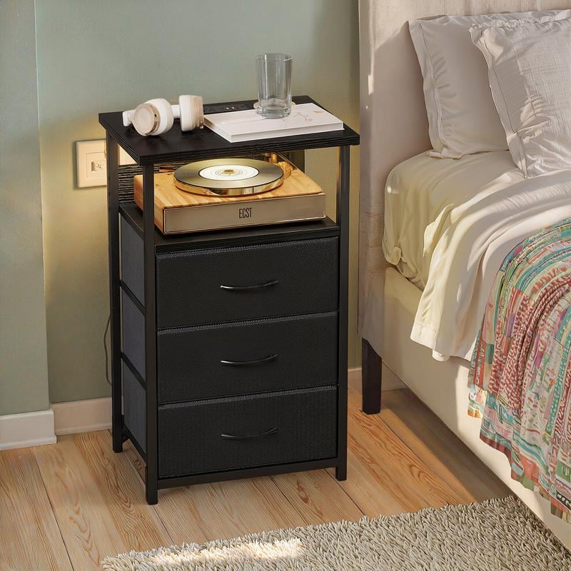 Night Stand with Charging Station, LED Nightstand with U-S-B Ports and ...