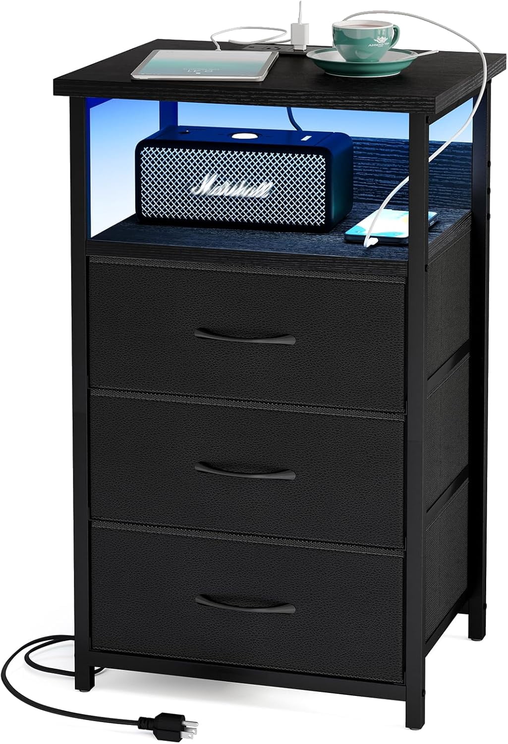 Night Stand with Charging Station, LED Nightstand with U-S-B Ports and ...