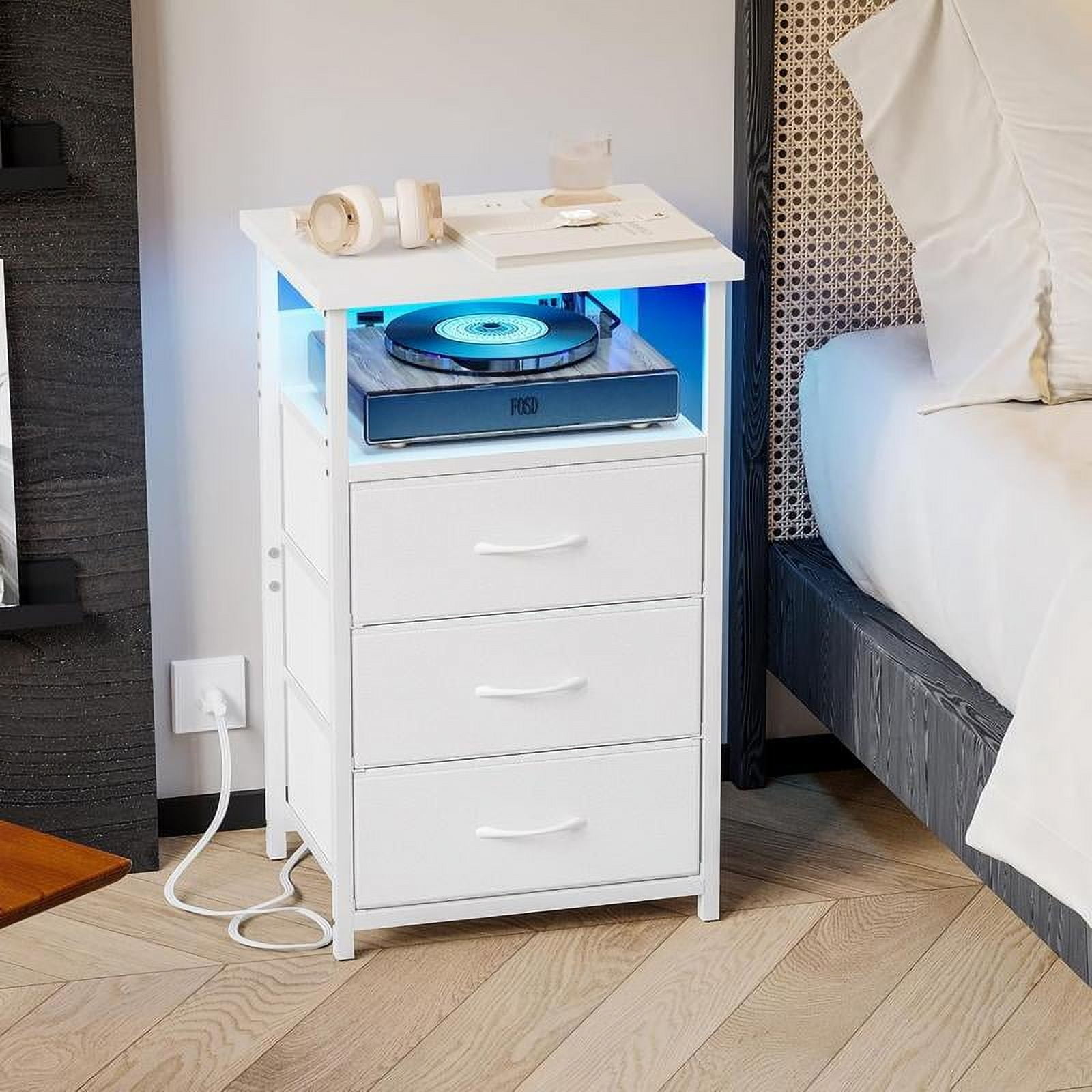 Night Stand with Charging Station, LED Nightstand with U-S-B Ports and ...