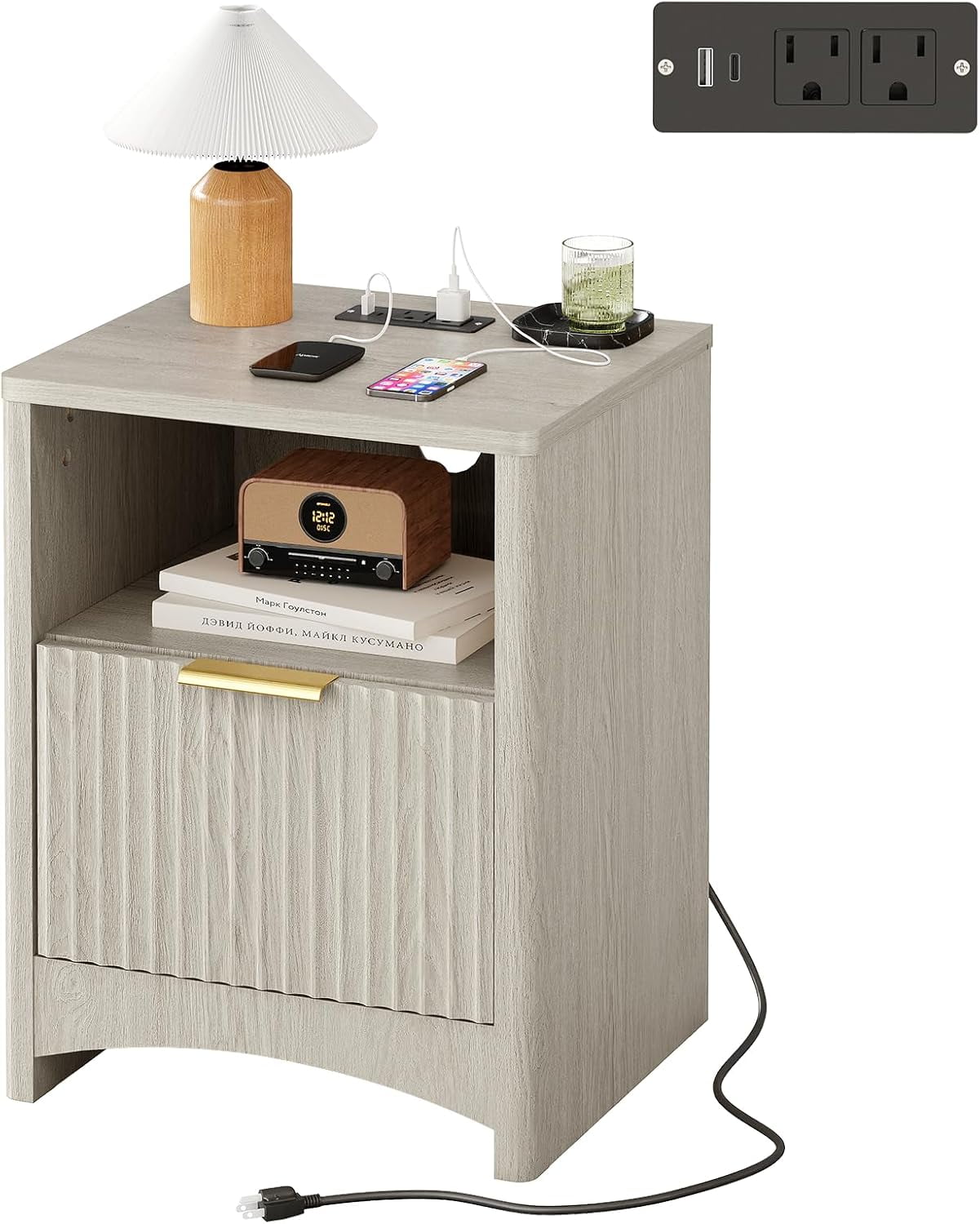 Night Stand with Charging Station, Modern Bedside Table with USB & AC ...