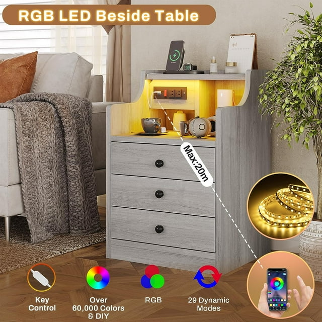 Grey Nightstand with RGB LED Lights & Charging Station, 3 Drawers ...