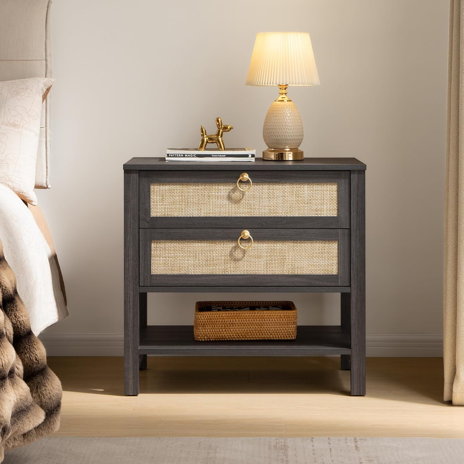 Night Stand with Drawers and Storage Shelf - Large Nightstands Rattan ...