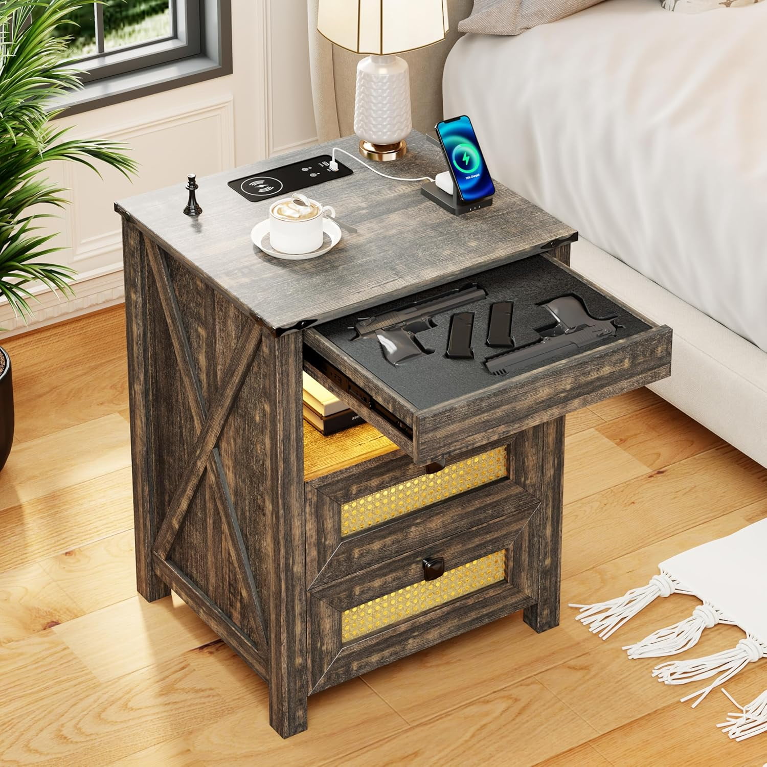 Night Stand with Gun Drawer, Bedside Table with Charging Station & LED ...