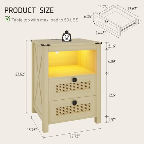 Night Stand with Gun Drawer, Bedside Table with Charging Station & LED ...