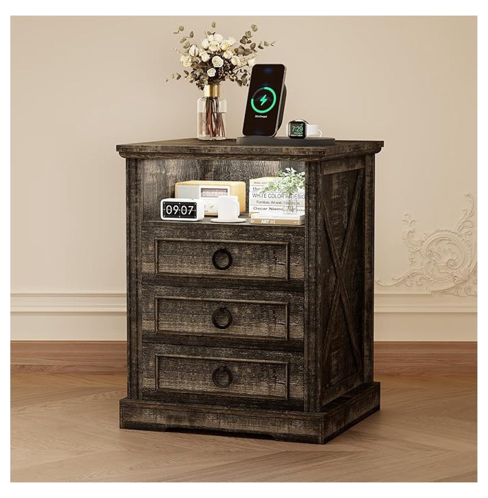 Night Stands with 3 Drawers, Smart nightstand with Charging Station ...