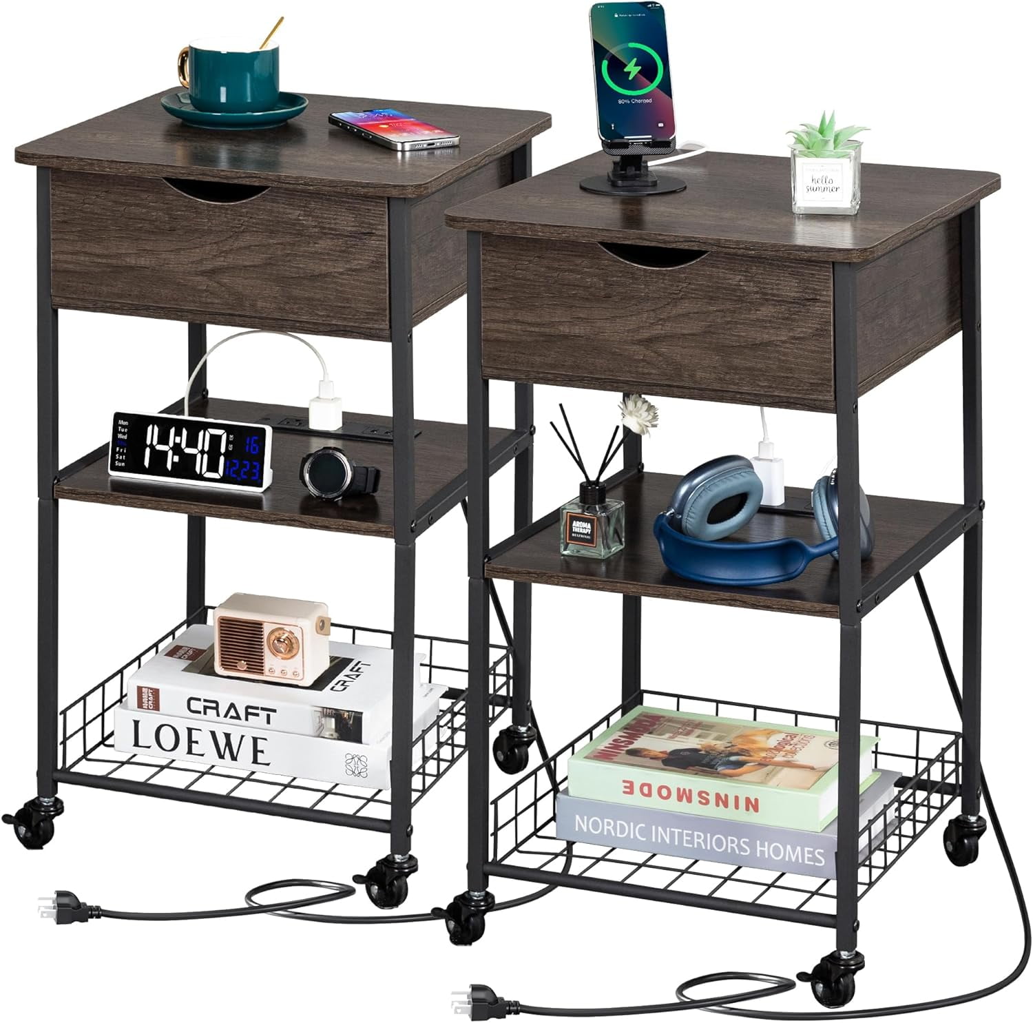 Night Stands for Bedrooms Set of 2, Nightstand with Charging Station ...