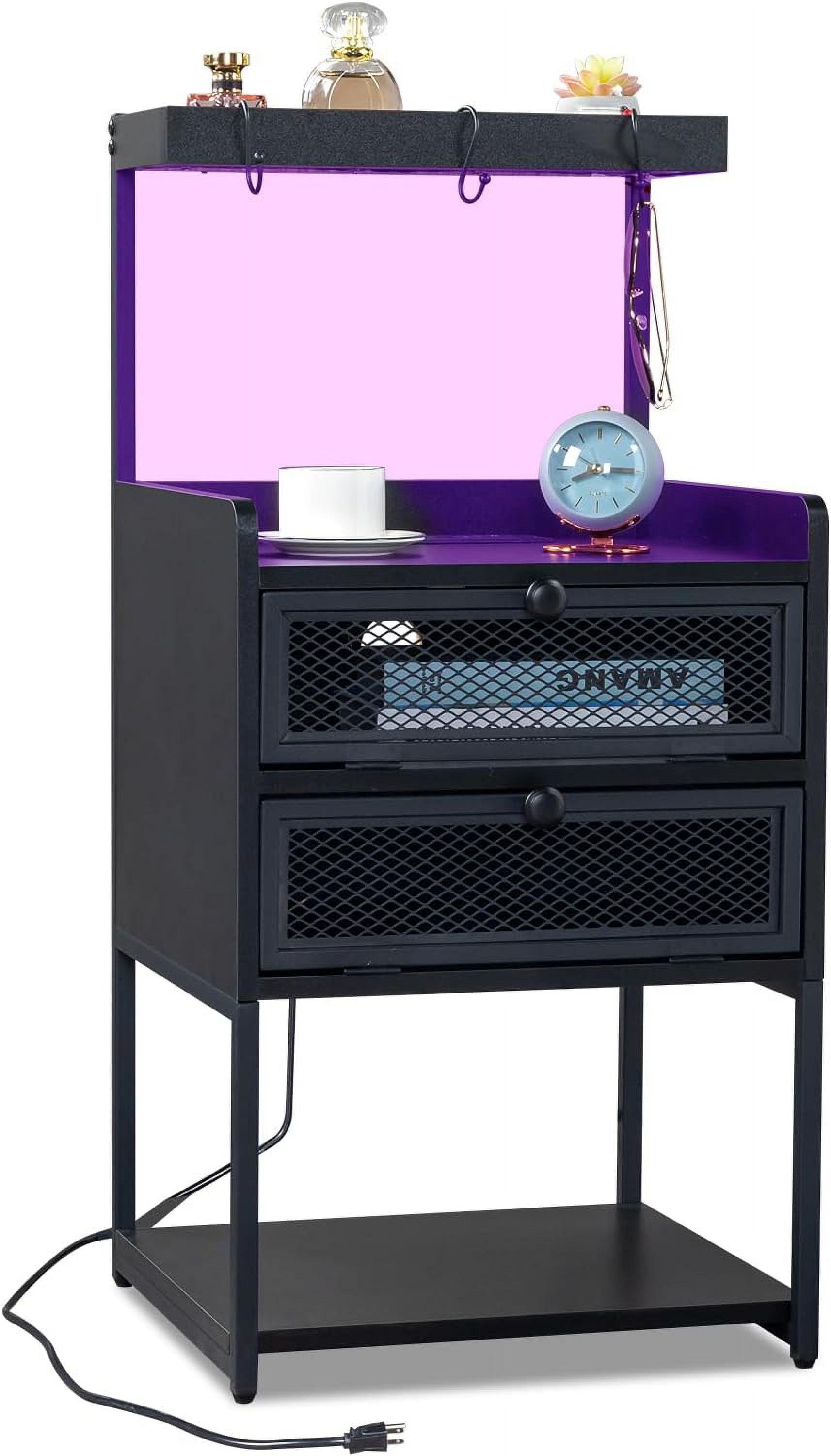 Night Stands with Drawers, LED Nightstand with Charging Station, End Tables Bedroom with Shelves ...