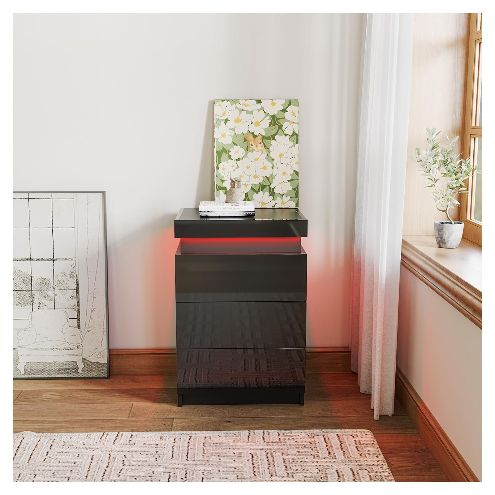 Night Stands LED Nightstand With 3 High Gloss Drawers Bedroom Furniture ...