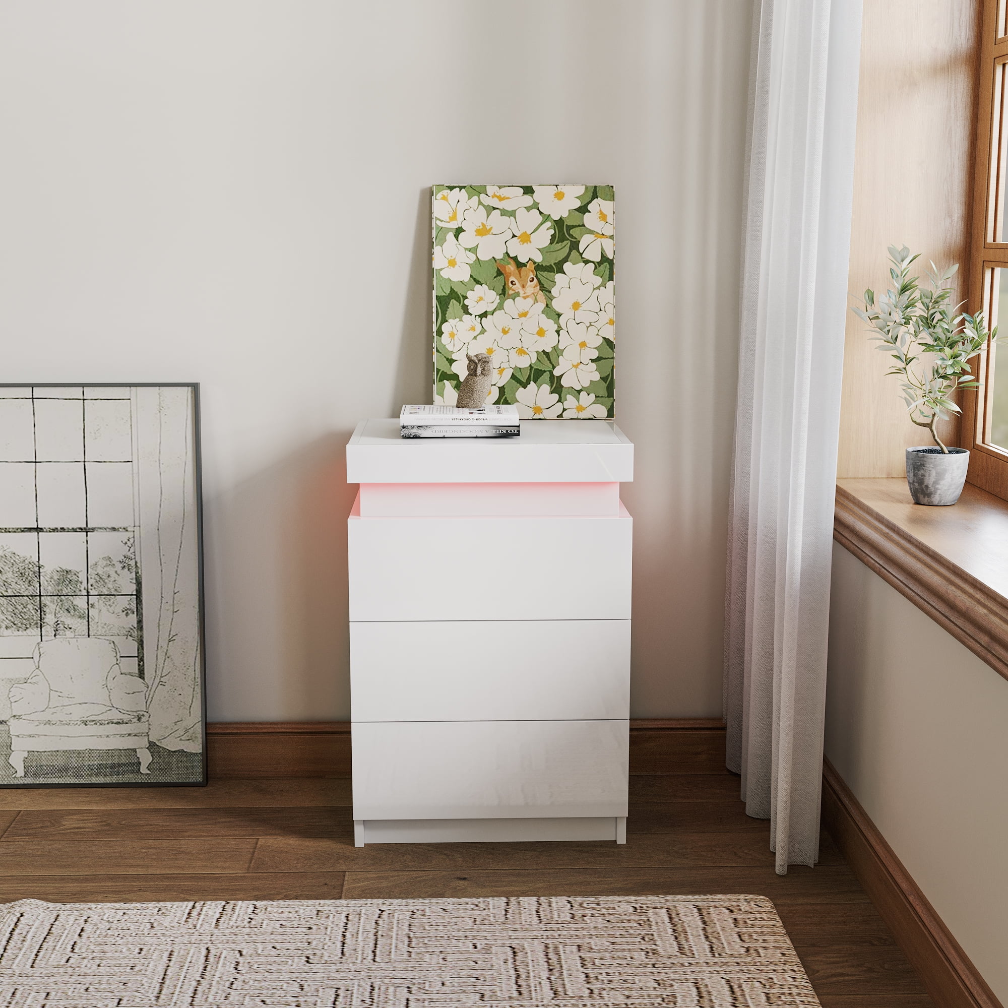 Night Stands LED Nightstand with 3 High Gloss Drawers, Bedroom ...