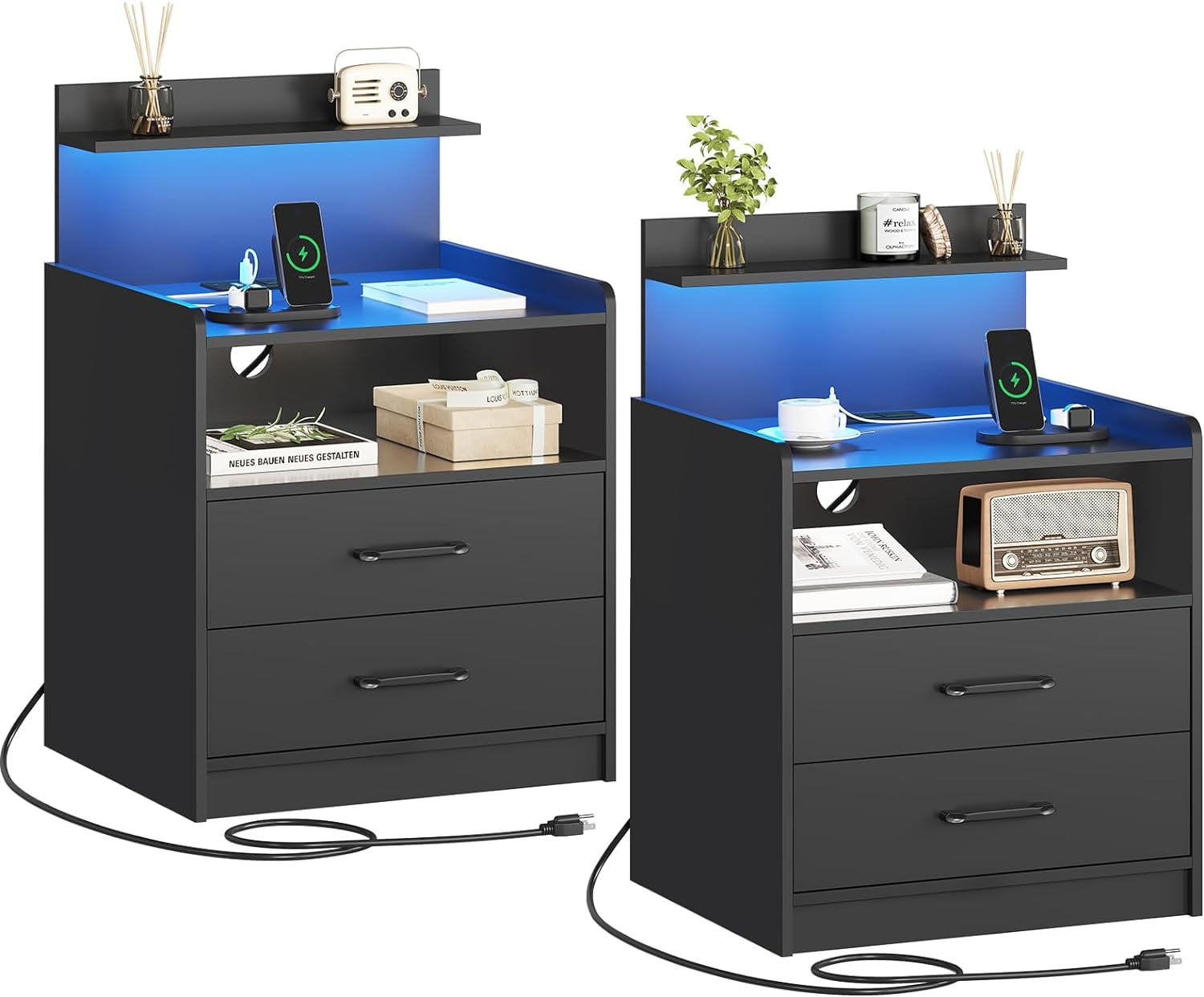 Night Stands Set of 2, Nightstand with Charging Station, LED Bedside ...
