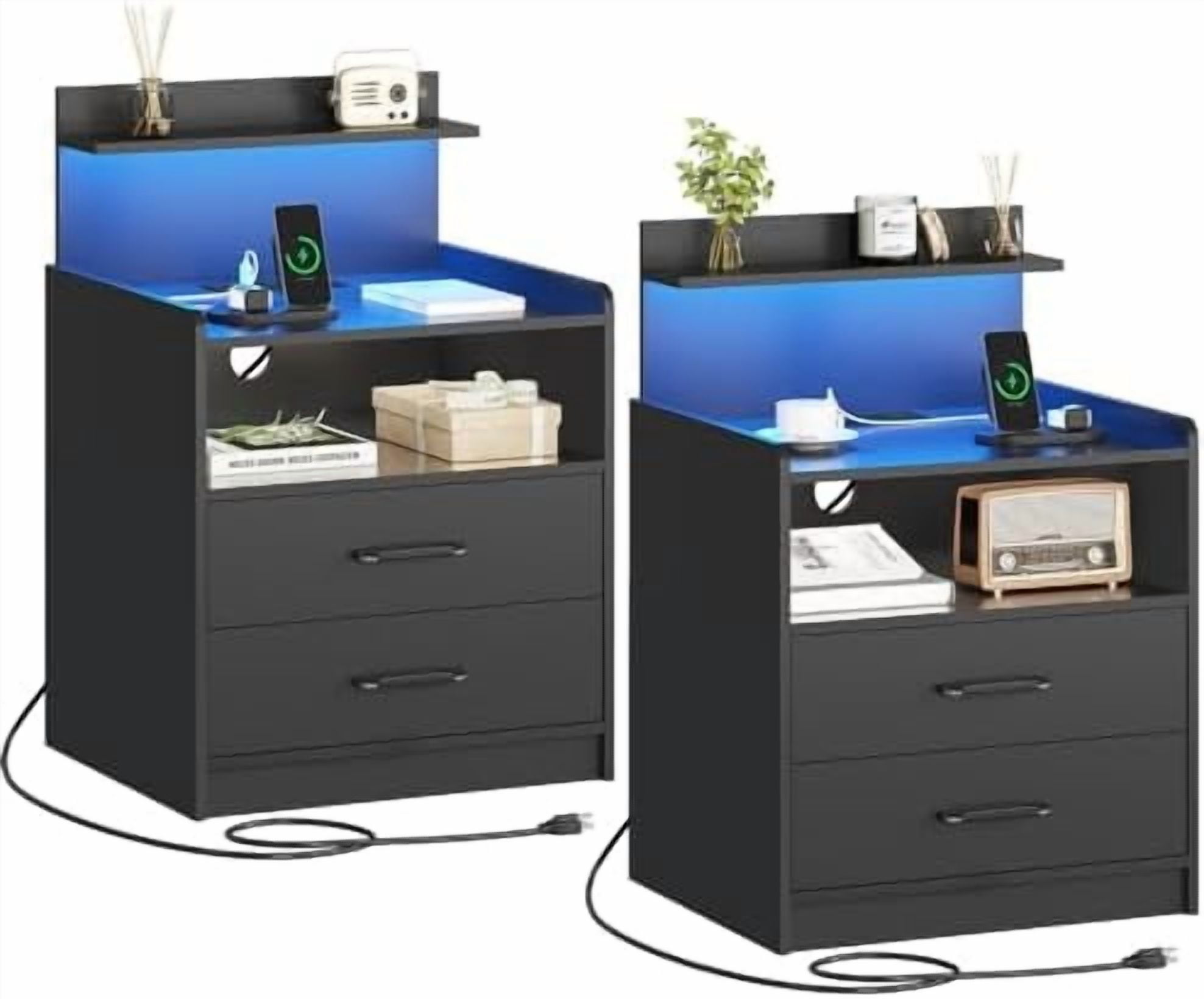 Night Stands Set of 2, Nightstand with Charging Station, LED Bedside ...