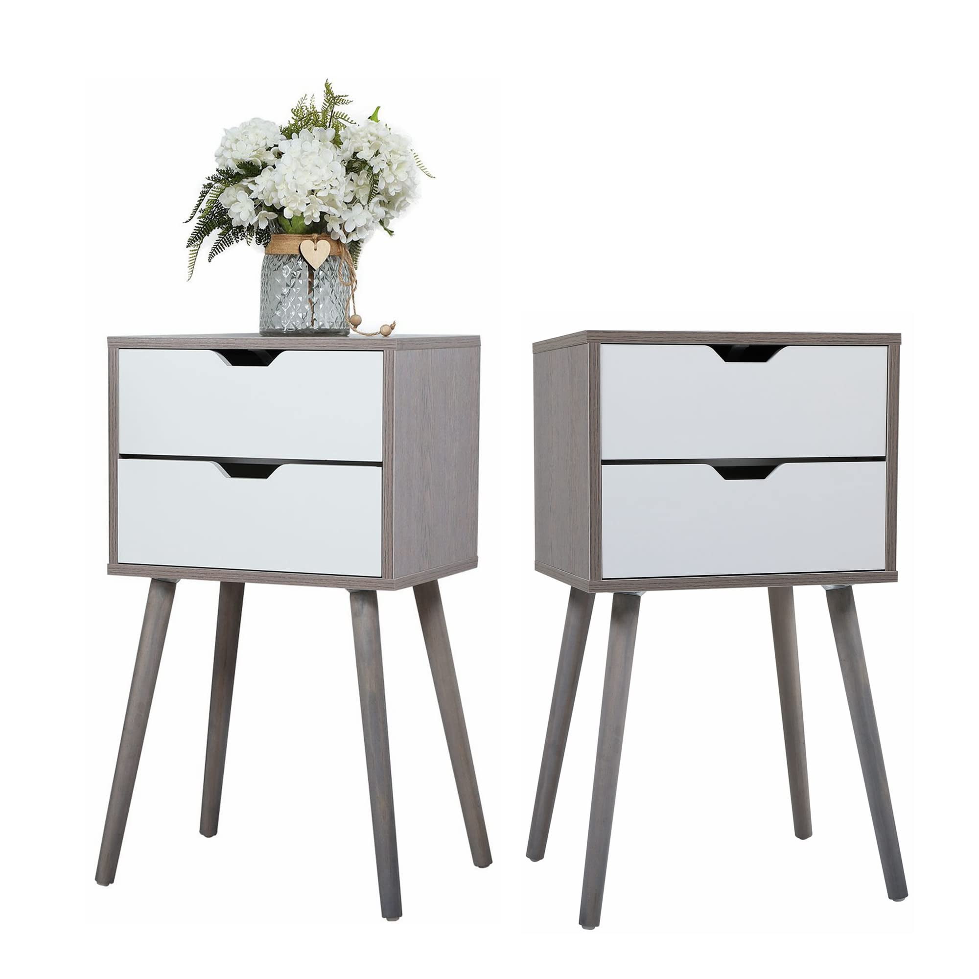 Night Stands Set of 2 with Drawers, Solid Wood Legs Bedside Table ...