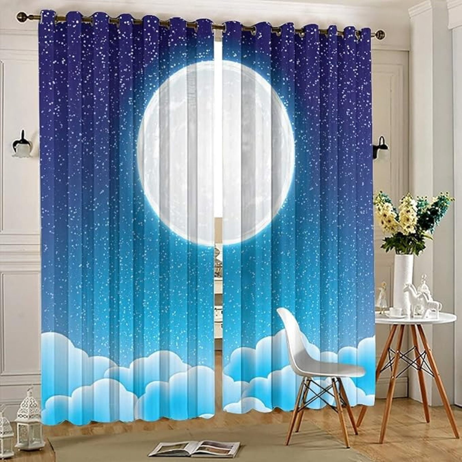 Night Starry Sky Clouds Blackout Curtains, 3D Blue Moon Print Window ...