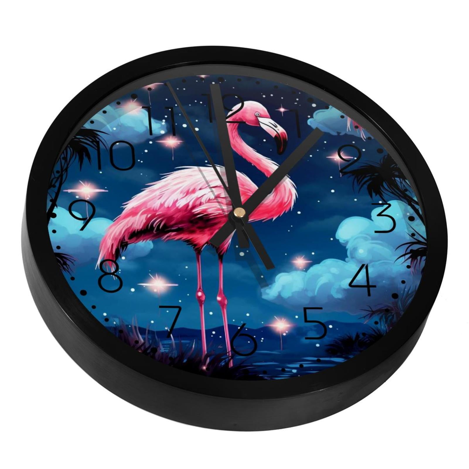 Night Starry Sky Pink Flamingo Silent Wall Clock, Non Ticking Battery ...