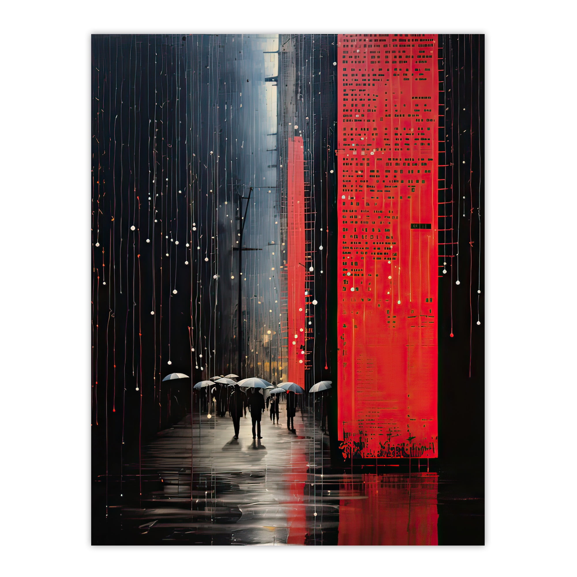 Night Street Rain Abstract Painting Red and Grey Large Wall Art Poster ...