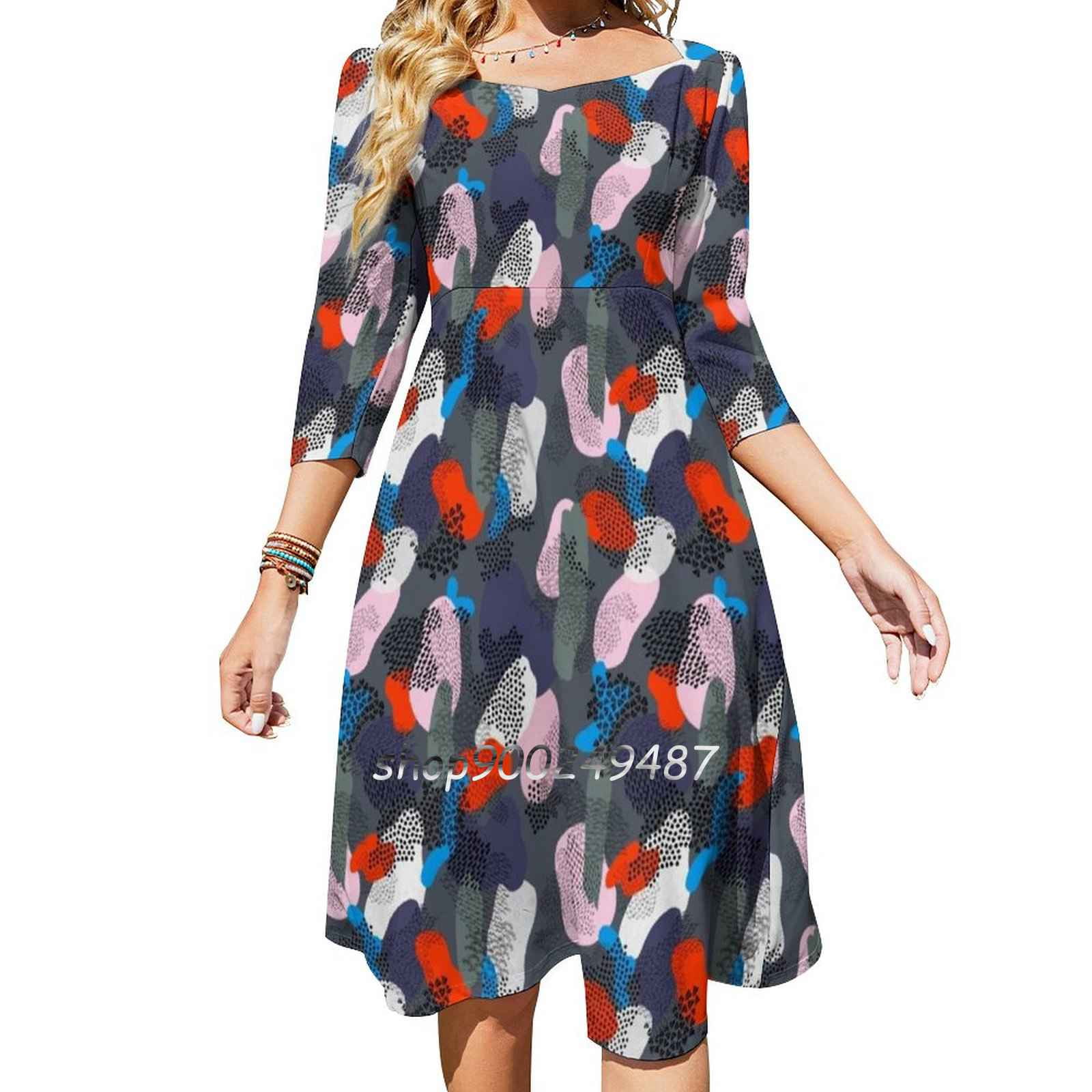 Night Stroll Square Neck Dress Cute Loose Print Dresses Elegant Beach Party Dress Pattern Dots ...