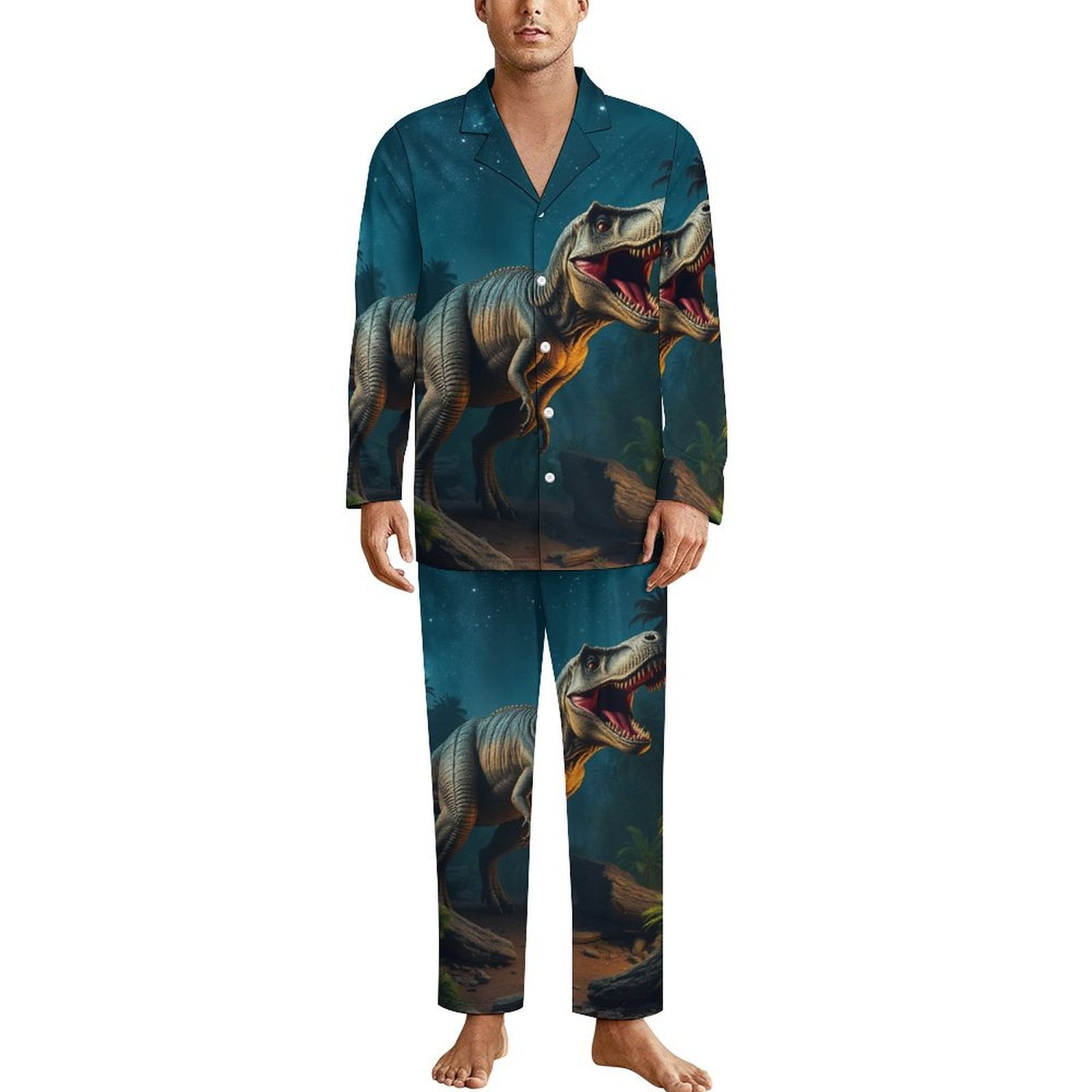 Night T Rex Jungle Pajama Set Soft Sleepwear Man Long Sleeves Casual ...