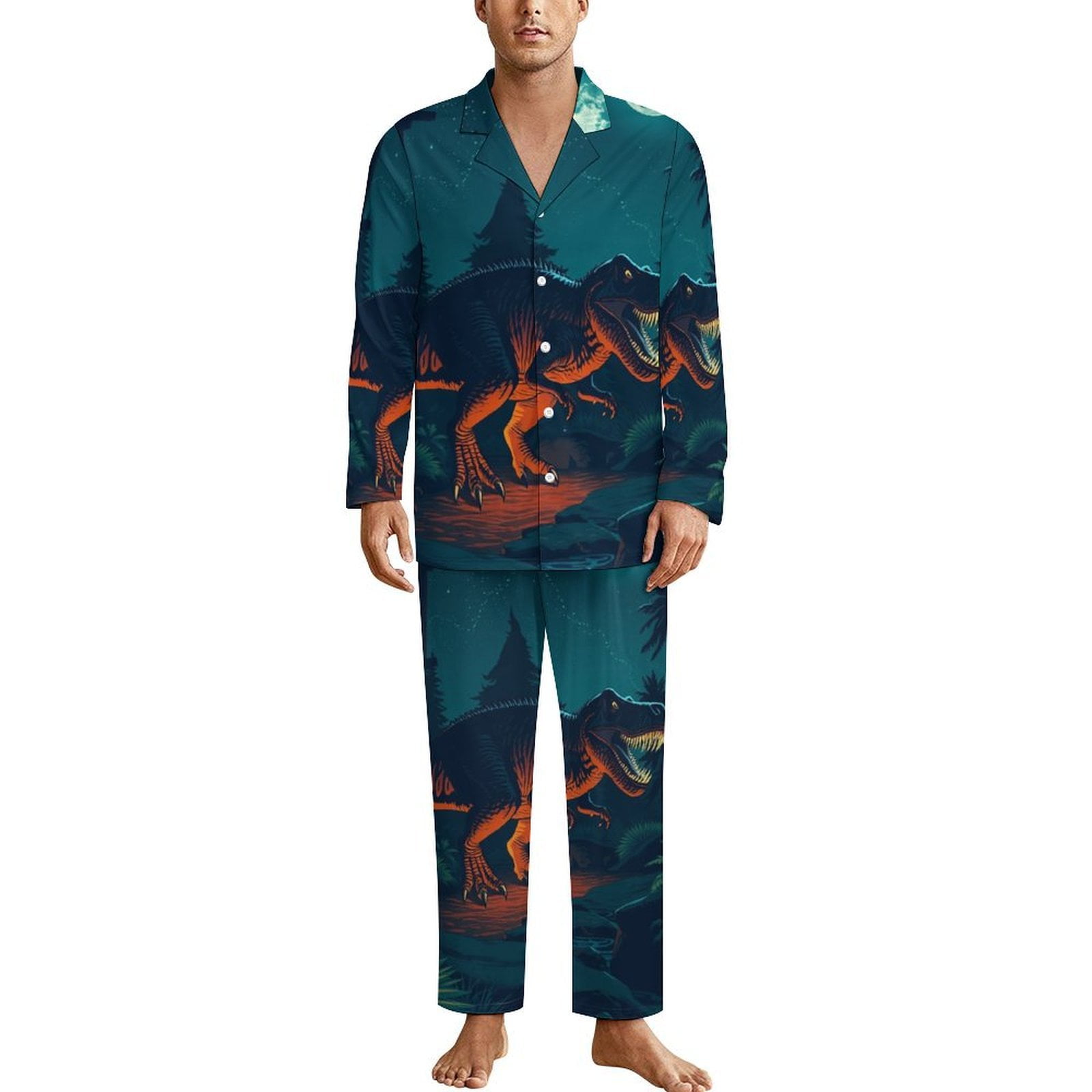 Night T Rex Scene Pajama Set Soft Sleepwear Man Long Sleeves Casual ...