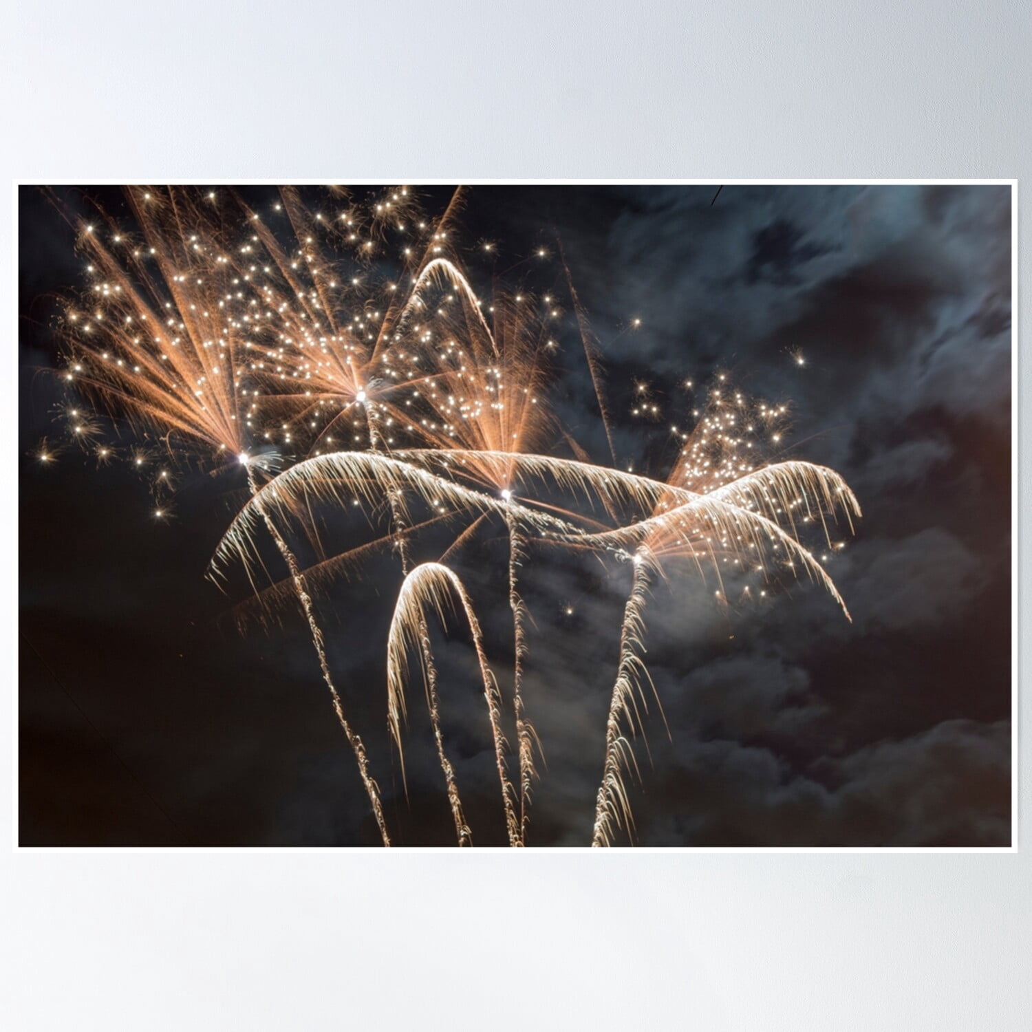 Night Time Fireworks Celebrations Against A Dark Sky And Clouds Poster ...