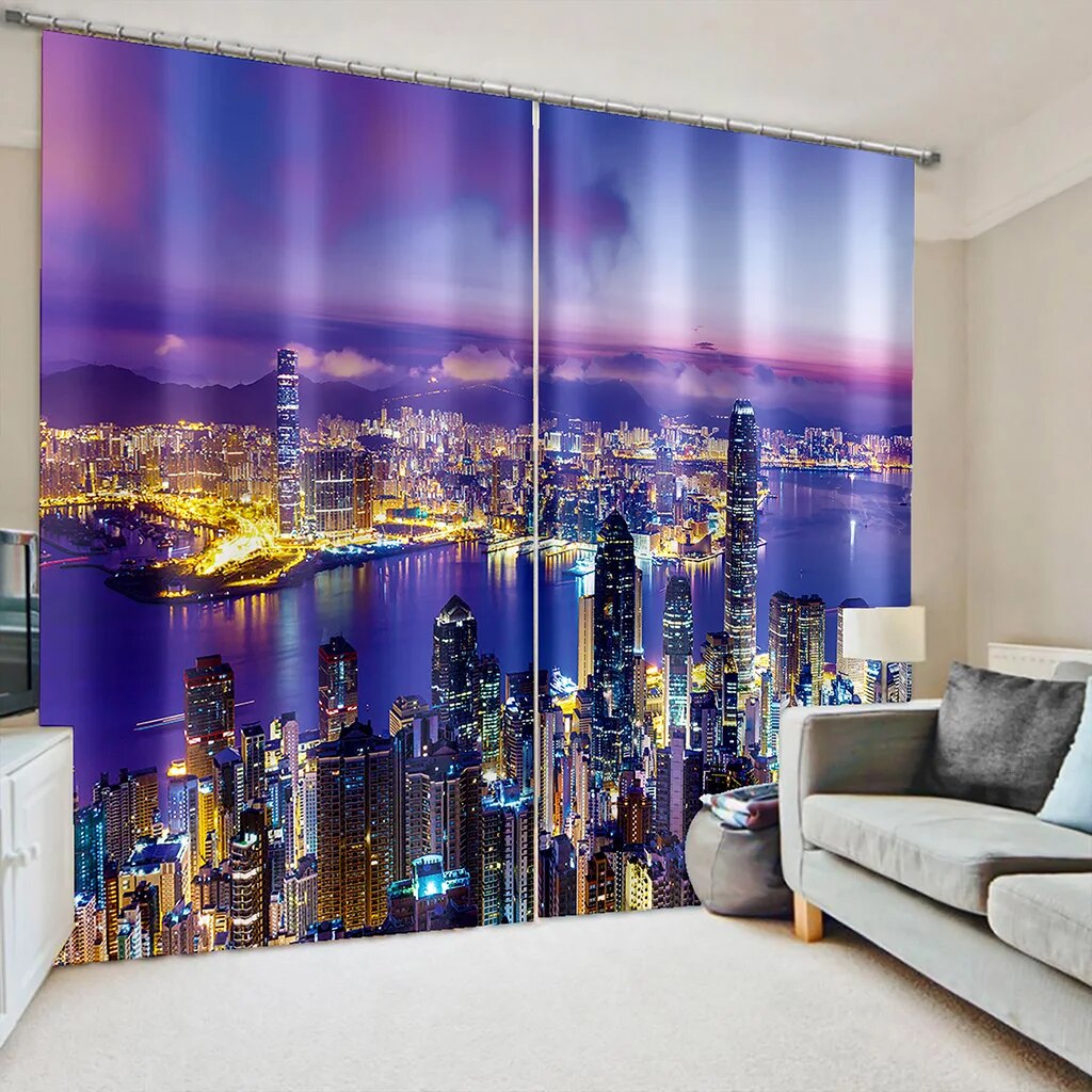 Night of View City Skyline Shading Thermal Window Curtains Famous ...