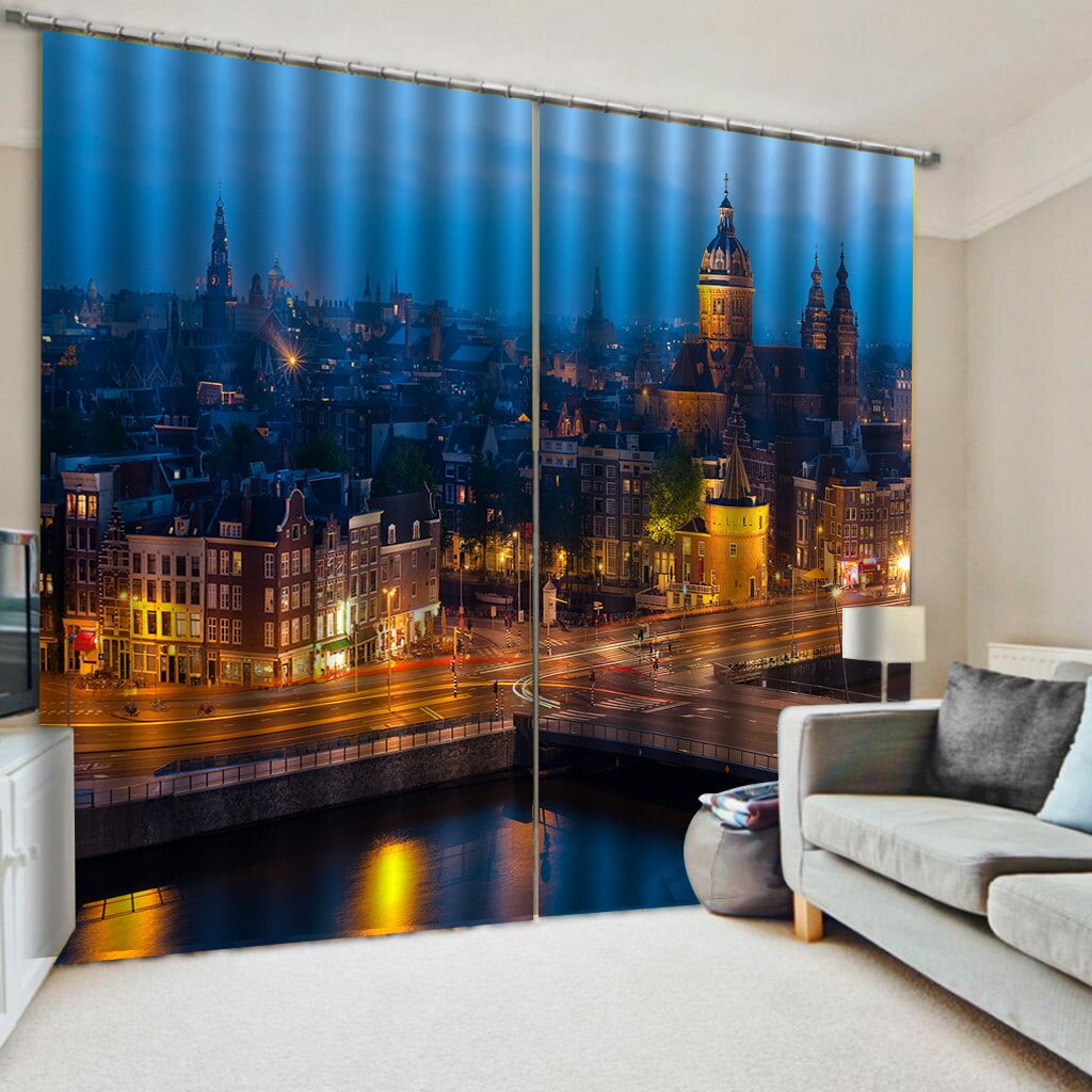 Night of View City Skyline Shading Thermal Window Curtains Famous ...