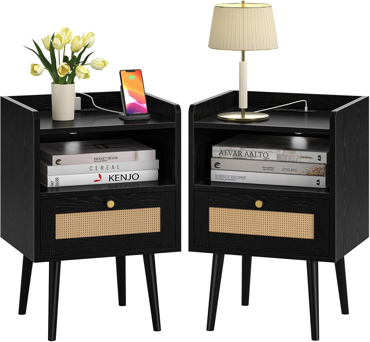 Night stand Set of 2, Bedside Tables with Charging Station, Rattan End ...