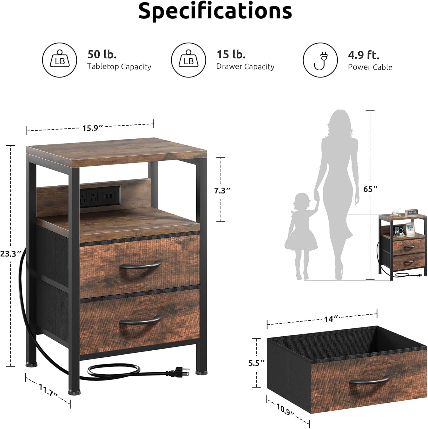 NightStand Bedside Charging Table Bedroom - Brown Night Stand with ...
