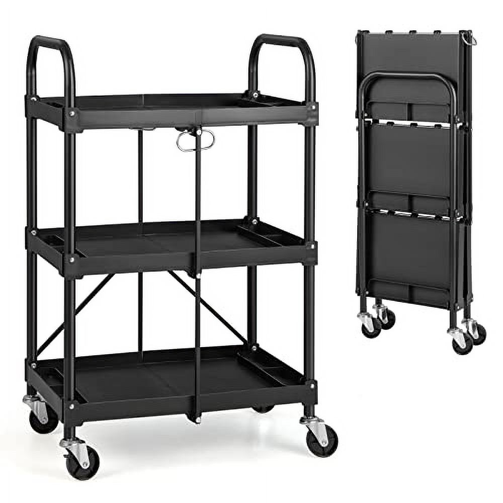 Nightcore Folding Utility Cart, 3-Tier Food Service Cart w/Lockable Wheels, 330LBS Capacity ...
