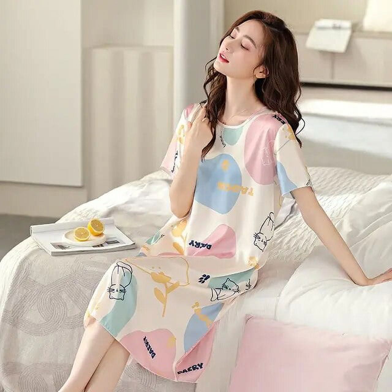 Nightgown Women Summer Ice Silk Pajamas Short Sleeve Thin Silk