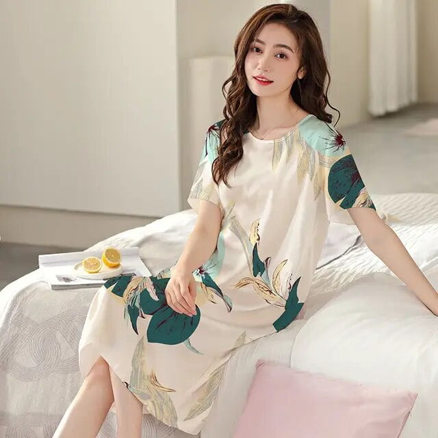 Nightgown Women Summer Ice Silk Pajamas Short Sleeve Thin Silk